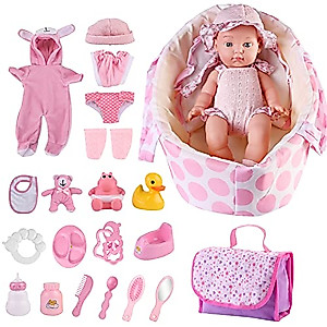 deAO 13 Inch Newborn 26 PCS Baby Doll with Clothes Doll Accessories Reborn Realistic Baby Dolls with Carrier Bassinet Bed,Pillow & Caring Set Baby Grow Up Doll for Kids Girl