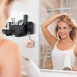 GWSNIO Hair Dryer Holder Wall Mounted, Self-Adhesive Blow Dryer Rack Removable Hair Tool Organizer with Plug Hook, Multi-Functional Hair Care Styling Tool Storage Basket for Bathroom