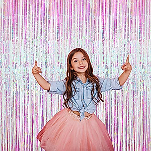 GOER 3.2 ft x 9.8 ft Metallic Tinsel Foil Fringe Curtains Party Photo Backdrop Party Streamers for Birthday,Graduation,New Year Eve Decorations Wedding Decor (Iridescent,3 pcs)