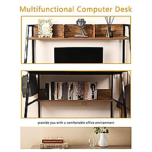 FLANTINO 55 Inch Computer Desk with Hutch and Storage Shelves, Rustic Industrial Home Office Writing Desk Computer Table for Study Writing/Workstation, Archaize Brown