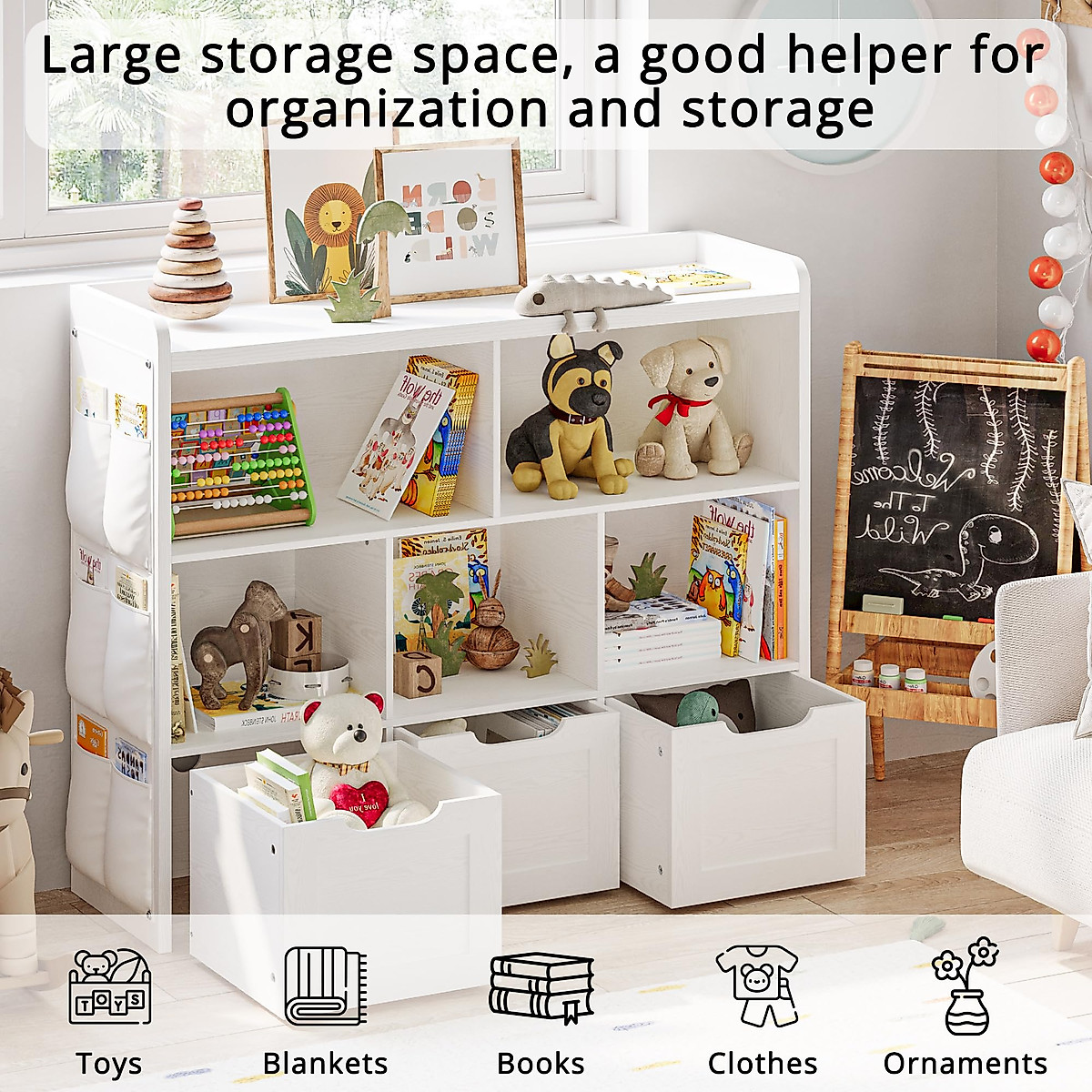IRONCK Toy Storage Organizer with 3 Movable Drawers, Multifunctional Floor Storage Cabinet Toy Chest with 5 Storage Cubbies, Kids Bookcase for Boys and Girls, White