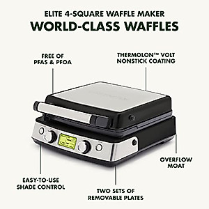 GreenPan Elite 4-Square Belgian & Classic Waffle Iron, Healthy Ceramic Nonstick Aluminum Dishwasher Safe Plates, Adjustable Shade/Crunch Controls, Wont Overflow, Easy Cleanup Breakfast, Black