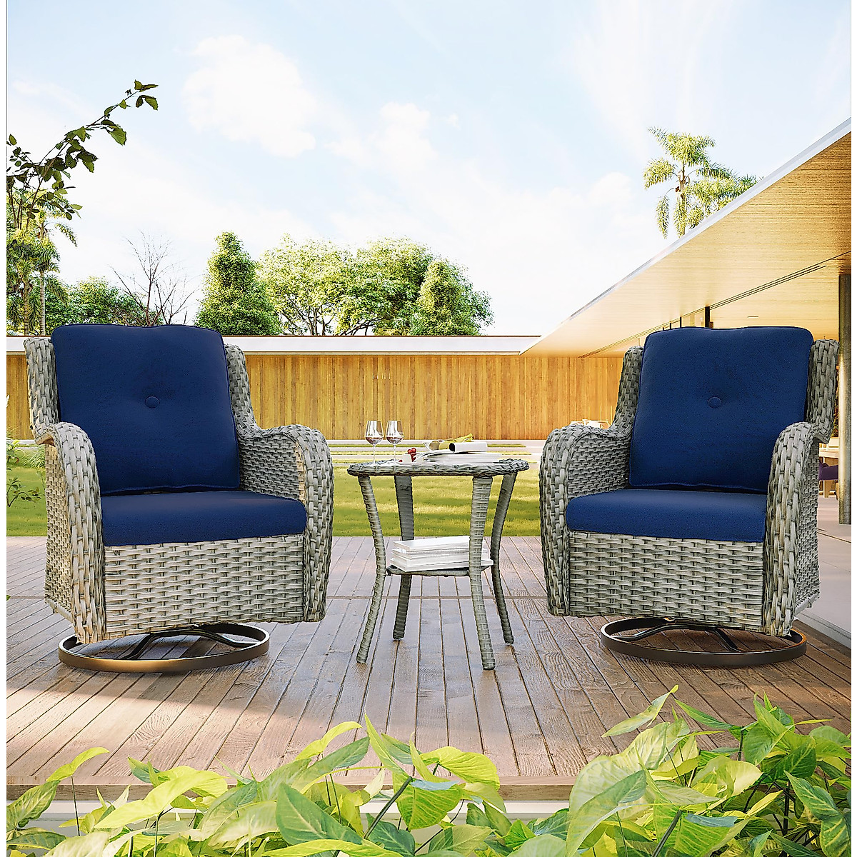 Joyside Outdoor Swivel Rocker Patio Chairs Set of 2 and Matching Side Table - 3 Piece Wicker Patio Bistro Set with Premium & Soft Fabric Cushions(Mixed Grey/Blue)