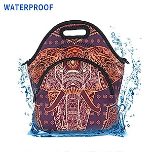 Violet Mist Neoprene Thermal Insulated Lunch Tote Bag Soft Large with Extra Pocket Detachable Adjustable Shoulder Lunchbox Handbags Women men, Retro Elephant 2