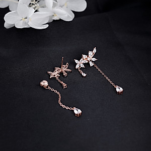 SLUYNZ 925 Sterling Silver Flower Dangle Earrings for Women CZ Wedding Earrings Crawler Earrings Wrap Earrings Elegant Bridal Earrings(B-Rose Gold)