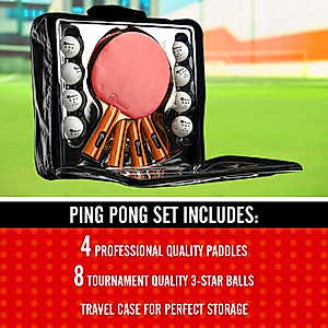 JP WinLook Ping Pong Paddles Sets of 4 - Portable Table Tennis Paddle Set with Ping Pong Paddles Professional Case & Ping Pong Balls. Premium Table Tennis Racket Player Set for Indoor & Outdoor Games