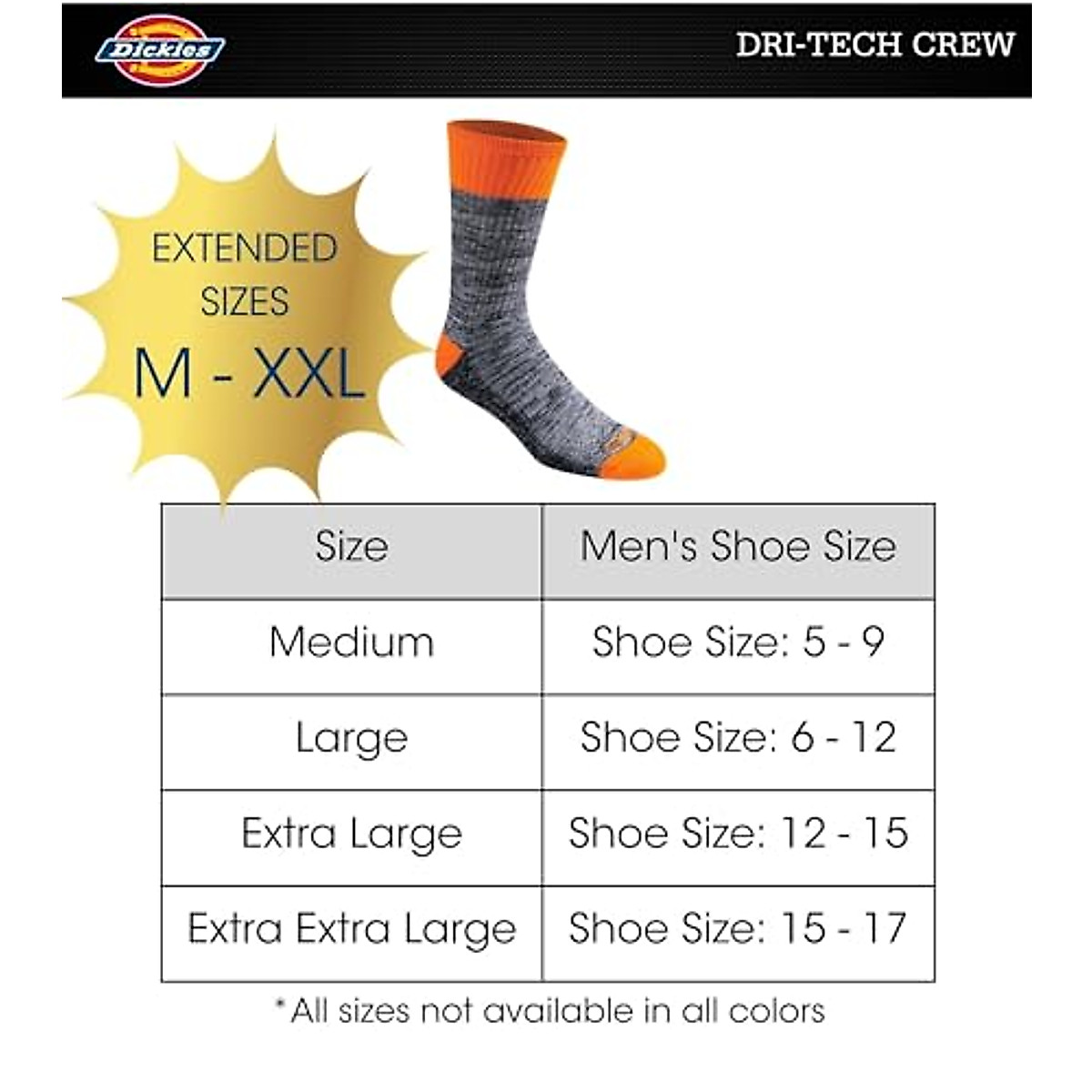 Dickies Men's Dri-Tech Legacy Moisture Control Crew Socks Multipack, Hi-Vis Orange Black (6 Pairs), Medium