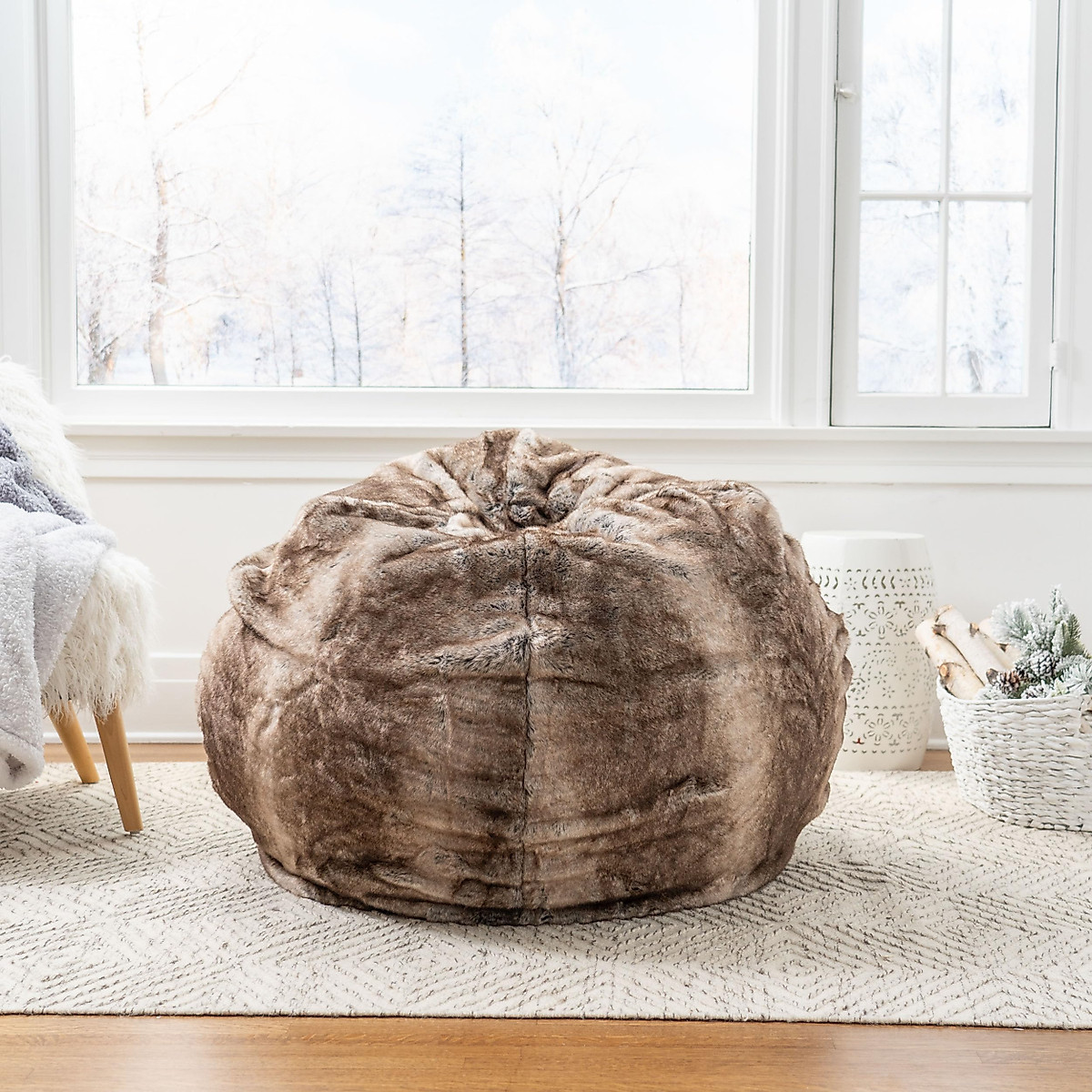 Christopher Knight Home HEAVY METAL Meridian Bean Bag Plush Faux Fur Chair | Comfortable and Fun Beanbag for The Whole Family| Non-Spill Memory Foam Filling (Ash White)