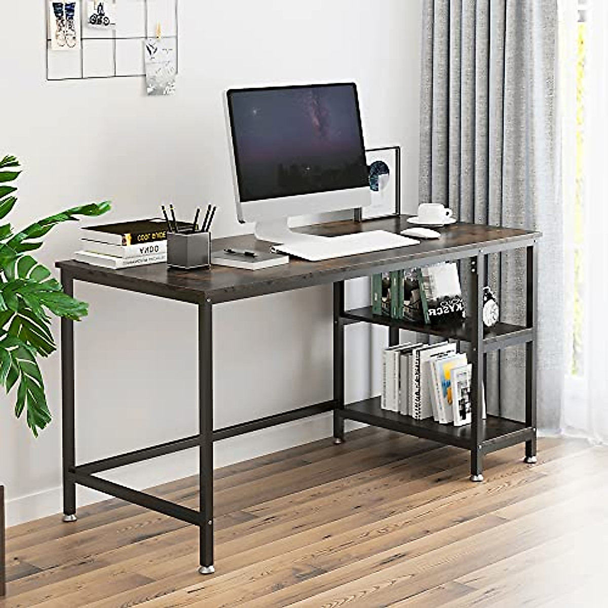 YOLEO Home Office Desk with 2 Storage Shelves on Left or Right 47.2 Inch Industrial Style Computer Desk Compact Home Office Workstation Rustic Brown
