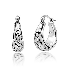 MAX + STONE 925 Sterling Silver Hoop Earrings for Women | Lightweight Chunky Oxidized Filigree Oval Thick