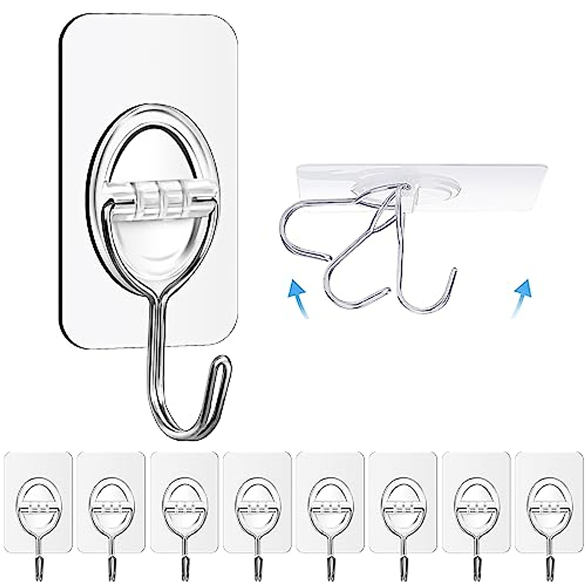 LOUXPERT Wall-Hooks Adhesive-Hooks for Hanging - 11 lbs 8-Hooks, Clear Sticky-Hooks, Stainless Steel Wall Hanger, Wall Hooks for Hanging, Bathroom Hanging Hooks (Clear)
