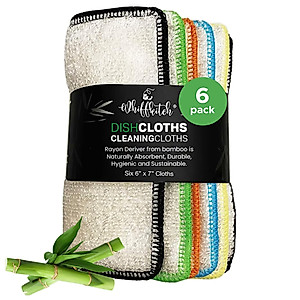 Whiffkitch Bamboo Dishcloths for Kitchen and Multi Surface Cleaning, 6"x7" 6pk Set, Reusable, Washable, Scrub-Non-Scratch, Extra Absorbent, Quick Drying, Eco Friendly Rags, Household Essential Cloths