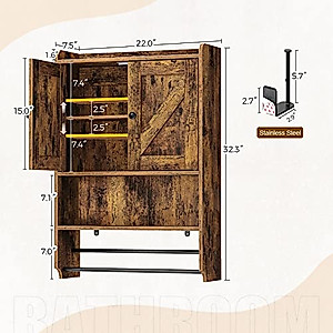 Rolanstar Bathroom Cabinet Wall Mounted with 2 Doors, Medicine Cabinet with Large Space, 4-Tier Over The Toilet Space Saver Storage Cabinet with Toilet Paper Holder and 2 Towels Bar, Rustic Brown