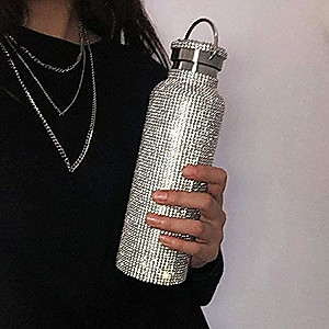 Portable Insulated Bottles - Dazzling Stylish Rhinestone Stainless Steel Water Bottle - Diamond Water Bottle - Fashion Double Walled Vacuum with Lid Water Bottle Silver 750ml