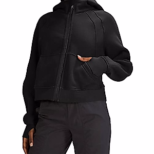 LASLULU Womens Fuzzy Cropped Hoodies Sport Athletic Zip Up Hoodie Stand Collar Sweater Fleece Lined Sweatshirt Long Sleeve Pullover Tops Pockets(Black-Medium)