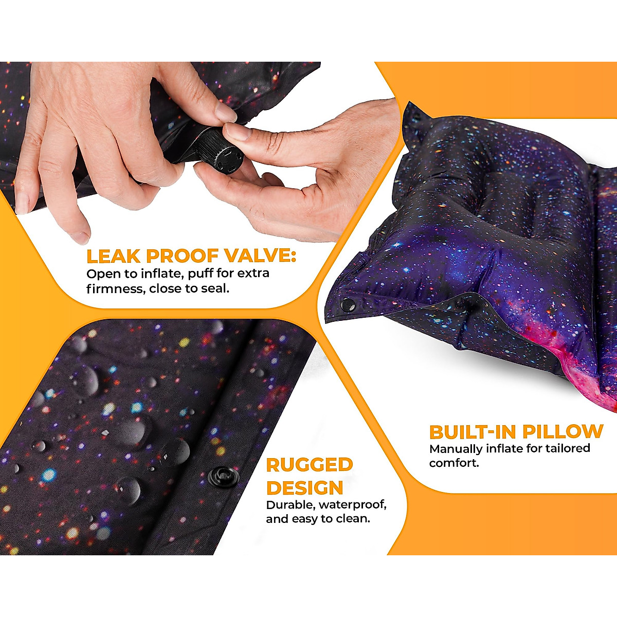 Foxelli Self Inflating Sleeping Pad for Camping, Backpacking, Hiking, Insulated Foam Lightweight Camping Mat, Inflatable Camp Mattress with Pillow