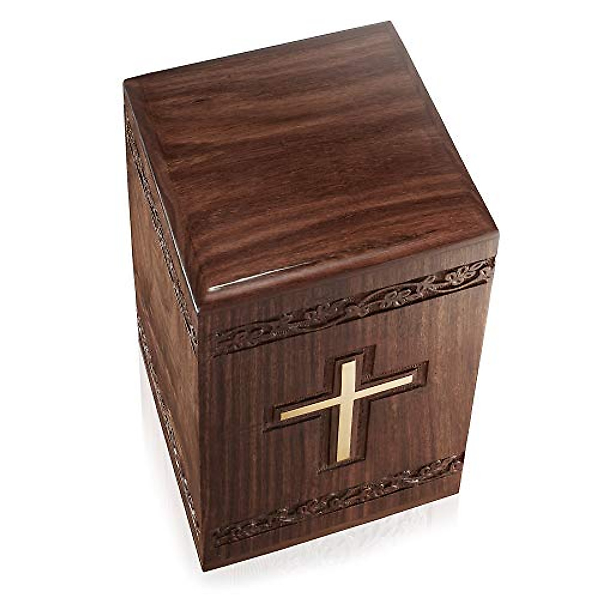 Reminded Rosewood Hand-Carved Urn Box with Solid Brass Cross - Cremation Memorial with Velvet Bag