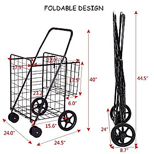 Goplus Jumbo Folding Shopping Cart with Rolling Swivel Wheels, Foldable Grocery Cart on Wheels with Double Basket, Heavy Duty Utility Cart, Shopping Carts for Groceries Laundry Book Luggage Travel