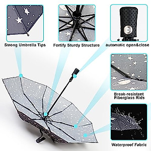 LFLFWY Compact Windproof Travel Umbrella- Large Light Automatic Open&Close Umbrellas for Rain,Triple Canopy Vented Portable Umbrellas for Men Women ,Strong Wind Resistant Folding Umbrella 10 Ribs (Starry Sky)