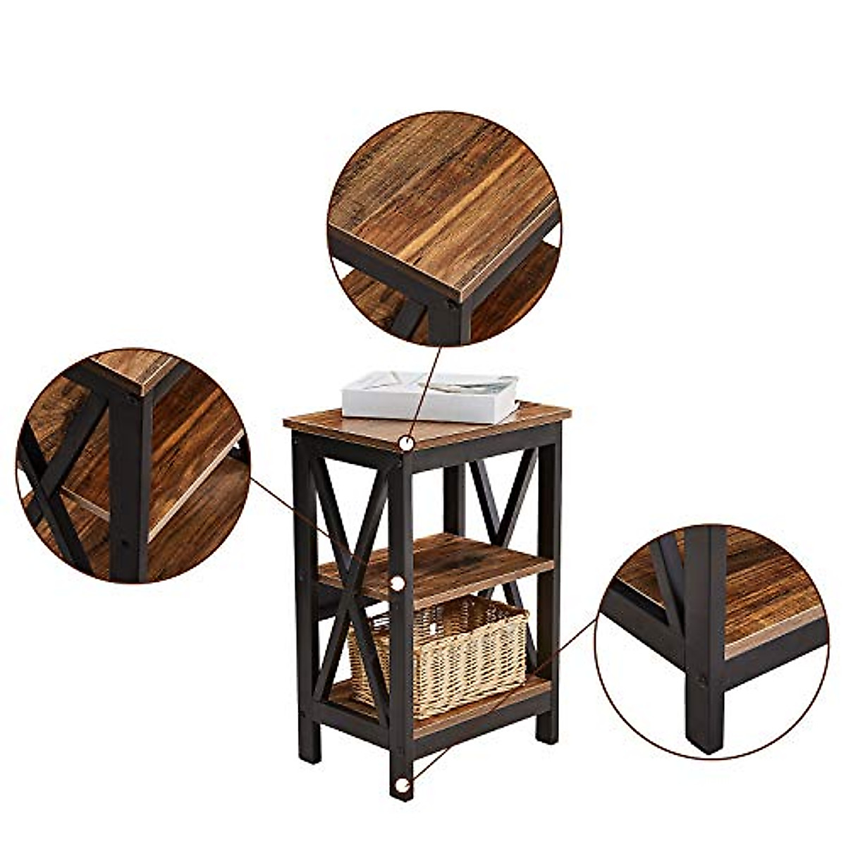 VECELO Modern X-Design Night Stand, Nightstands End Storage Versatile Shelf Side Table,Easy Assembly, Retro Brown