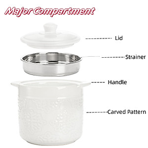 Lyellfe Ceramic Bacon Grease Container, 1.2L/40 Oz Oil Filter Pot with Strainer, White Carved Cooking Oil Container for Fat Frying Used Cooking Oil Kitchen