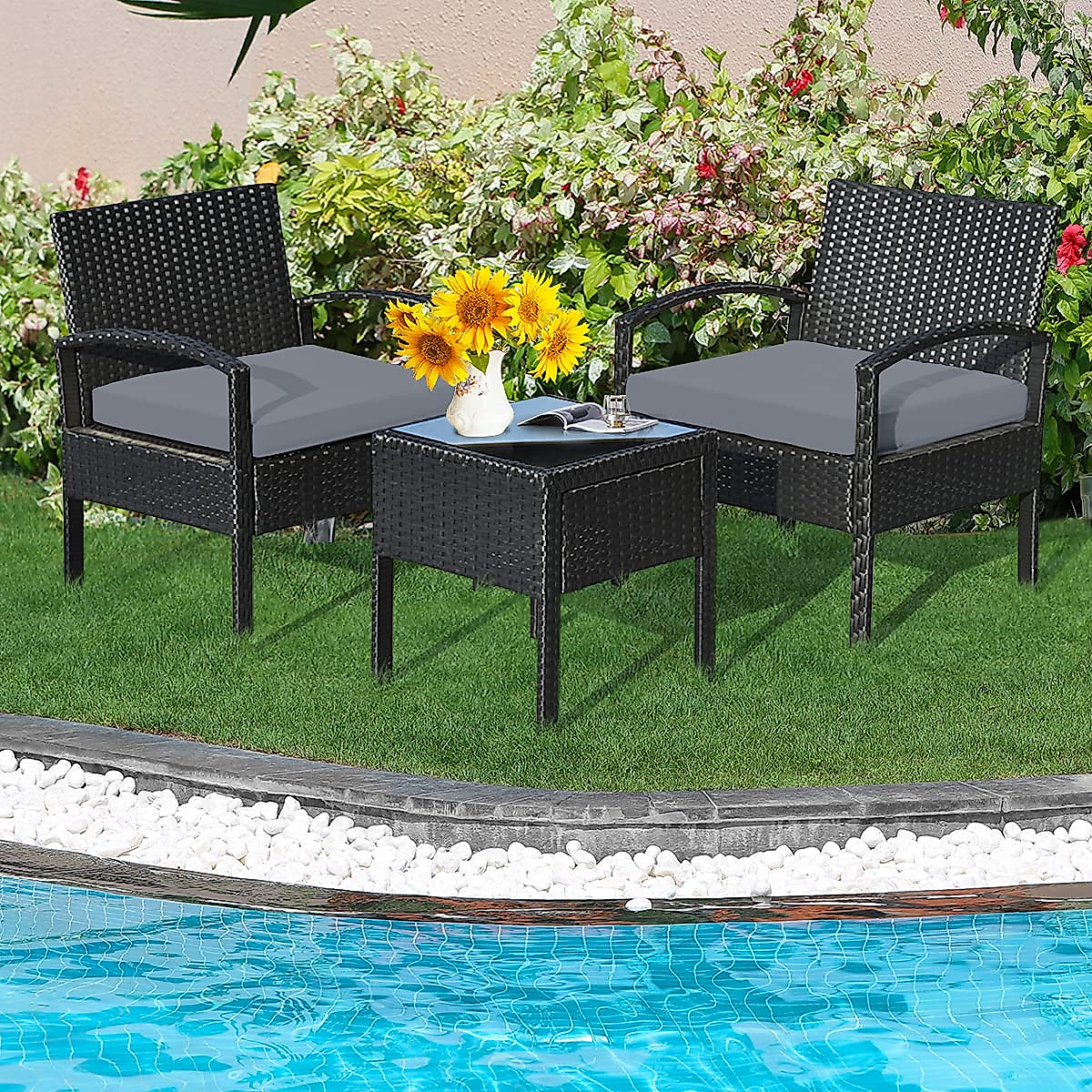 HAPPYGRILL 3 Pieces Patio Conversation Set Outdoor Wicker Furniture Set Rattan Table Chairs Set with Seat Cushions Modern Bistro Set with Coffee Table for Garden Balcony Backyard