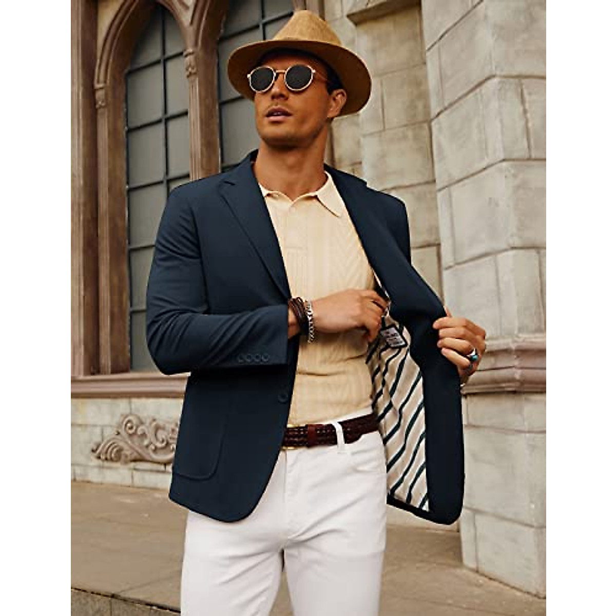 Lightweight Blazer for Men Casual Two Button Suit Jacket Performance Regular Fit Striped Lining Sport Coat Dark Blue