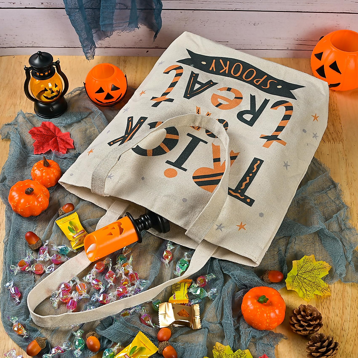 ATFUNSHOP 13.8" Large Halloween Tote Bag Trick or Treat Canvas Reusable Large Bucket for Kids