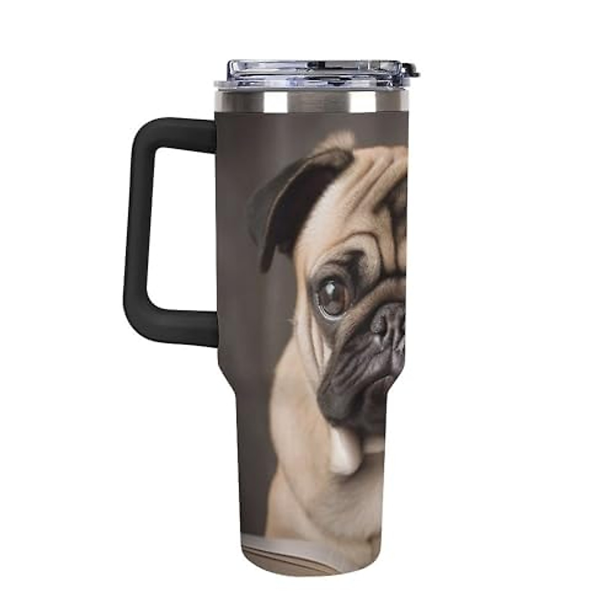 YTLKGFP 40 Oz Large Capacity Car Cup Animal Pug Dog Tumbler with Handle (Black) Straw Lid Insulated Stainless Steel Water Bottle Travel Mug Leak-proof Car Cup Keeps Cold Or Hot