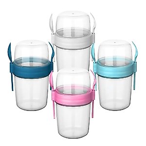 QUASLEQ 4-Pack Yogurt Parfait Cups - with Lids and Spoons - Reusable Yogurt Containers for On-the-Go - Portable Yogurt Cups with Topping Storage - Ideal for Oatmeal and Breakfast Prep (22 oz-650 Ml)