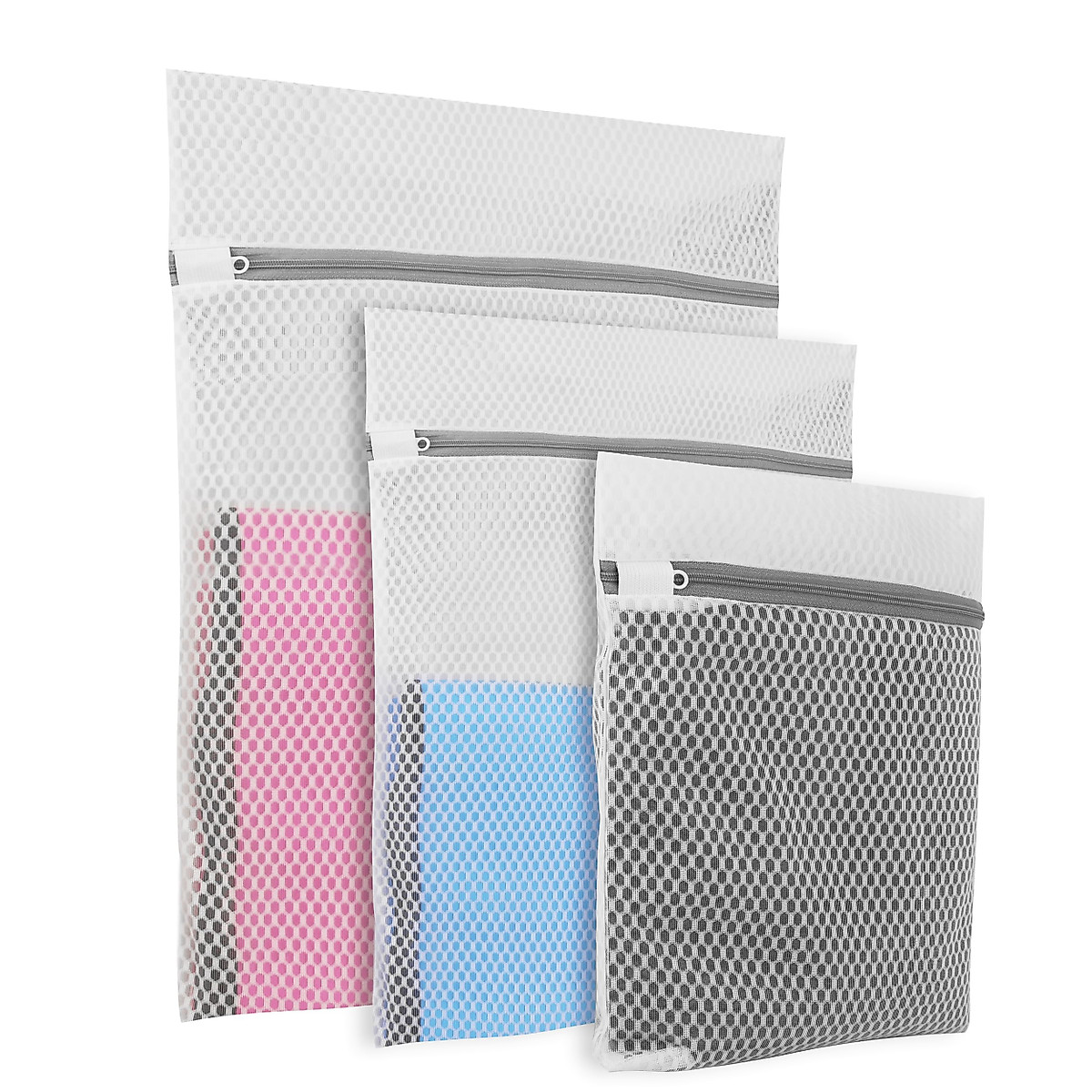 Meuvo Mesh Laundry Bags for Delicates - Durable Lingerie Bags for Washing Delicates with Elastic Zipper Protector, Delicates Bag for Washing Machine and Dryer, White, 1 Large, 1 Medium, 1 Small