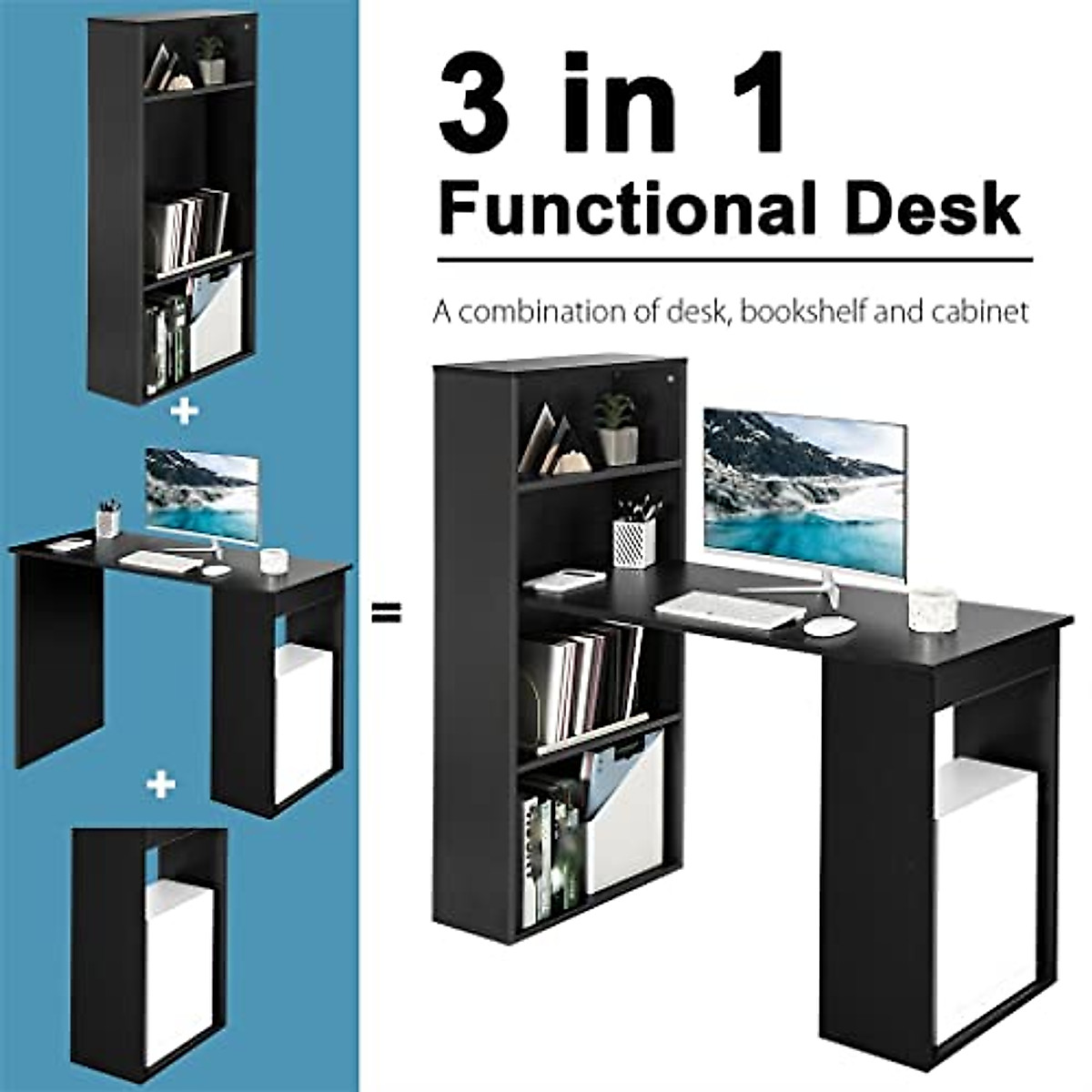 MJWDP Computer Desk Writing Workstation Office with 6 Tier Storage Shelves in Black Desk