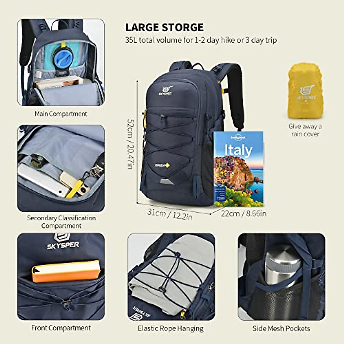 SKYSPER Hiking Backpack Travel Daypack - 35L Lightweight Waterproof Outdoor Camping Day Pack for Men Women