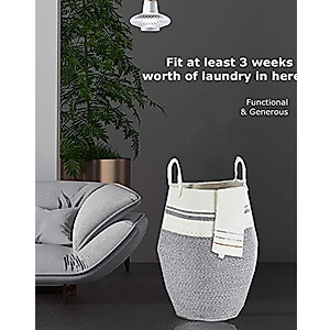 Laundry Basket Woven Cotton Rope Large Clothes Hamper 16" D x 25" H, Tall Basket with Extended Cotton Handles for Storage Clothes Toys in Bedroom, Bathroom, Foldable White and Gray by Gecious