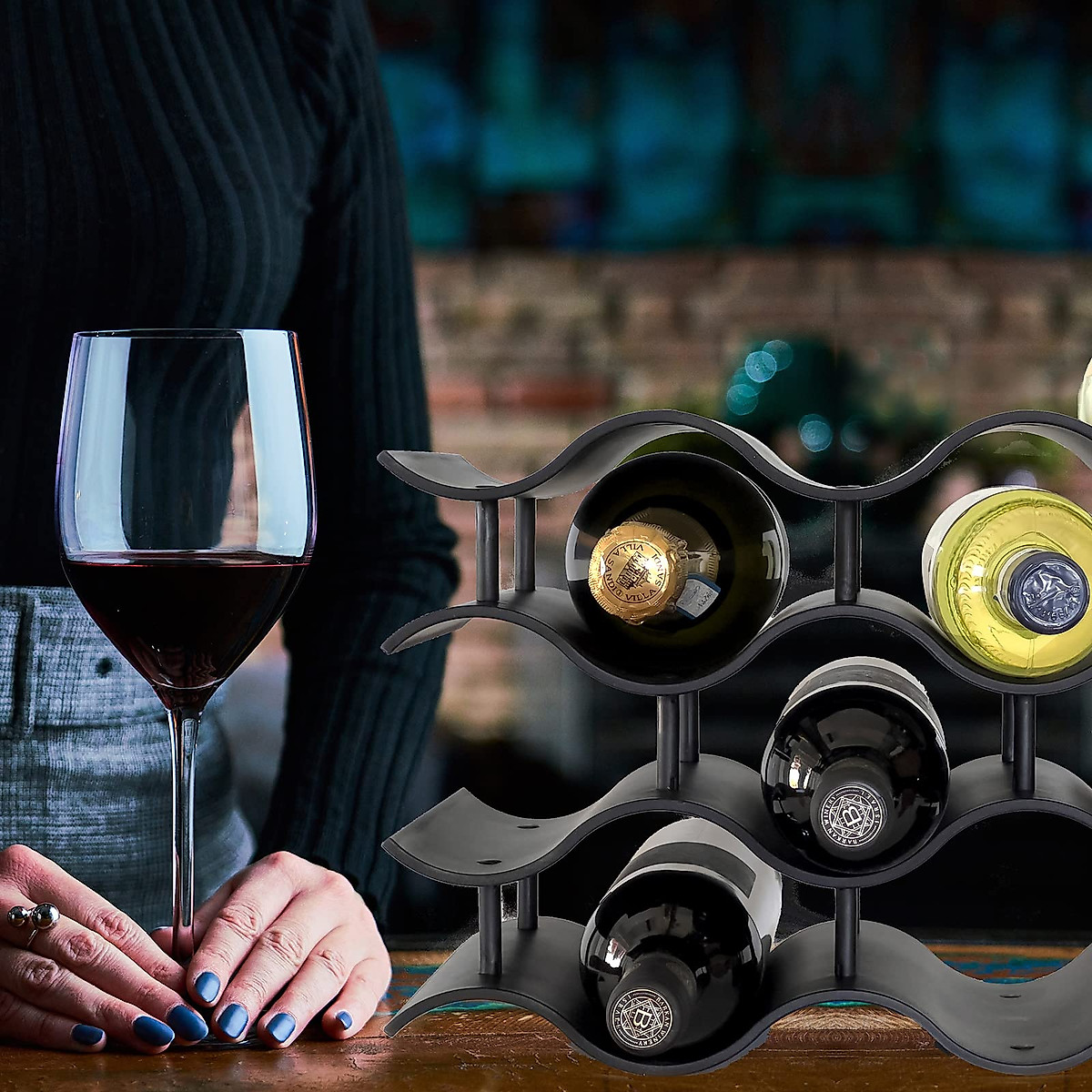 Bariboo Wave Wine Bottle Holder - Wine Rack Inserts for Cabinet That Fits 12 Bottles, Premium Plastic Countertop Wine Rack (Black, L)