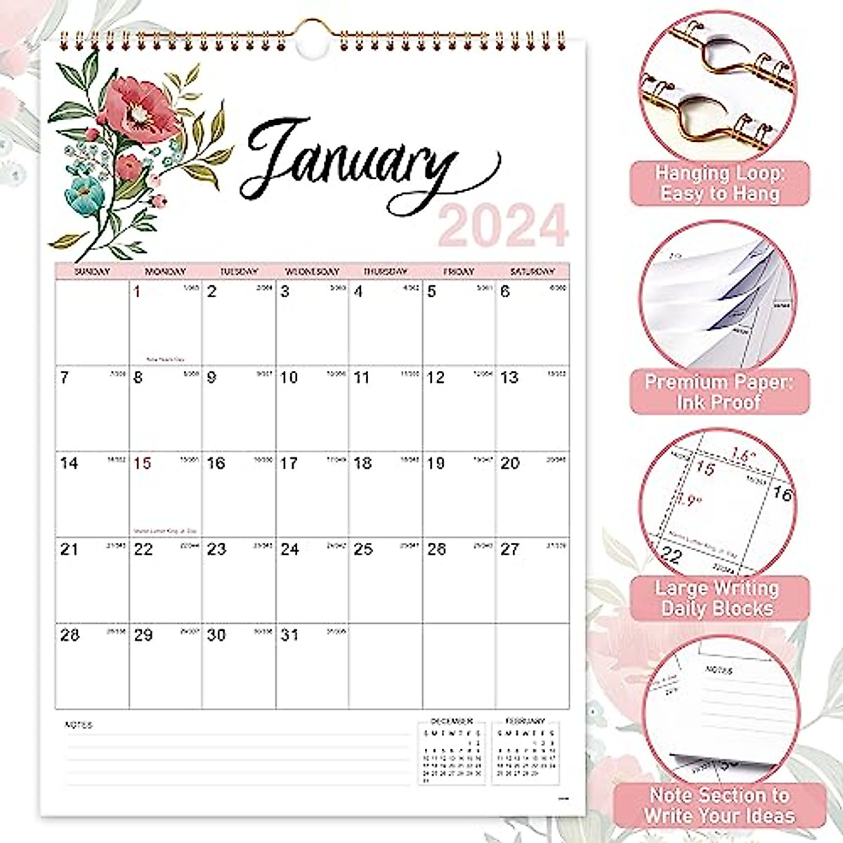 2024 Wall Calendar - Calendar 2024, Monthly Calendar from Jan. 2024 - Dec. 2024, 12'' × 17'', Vertical Calendar 2024 Monthly with Twin-Wire Binding, Large Writing Block, Perfect for Planning and