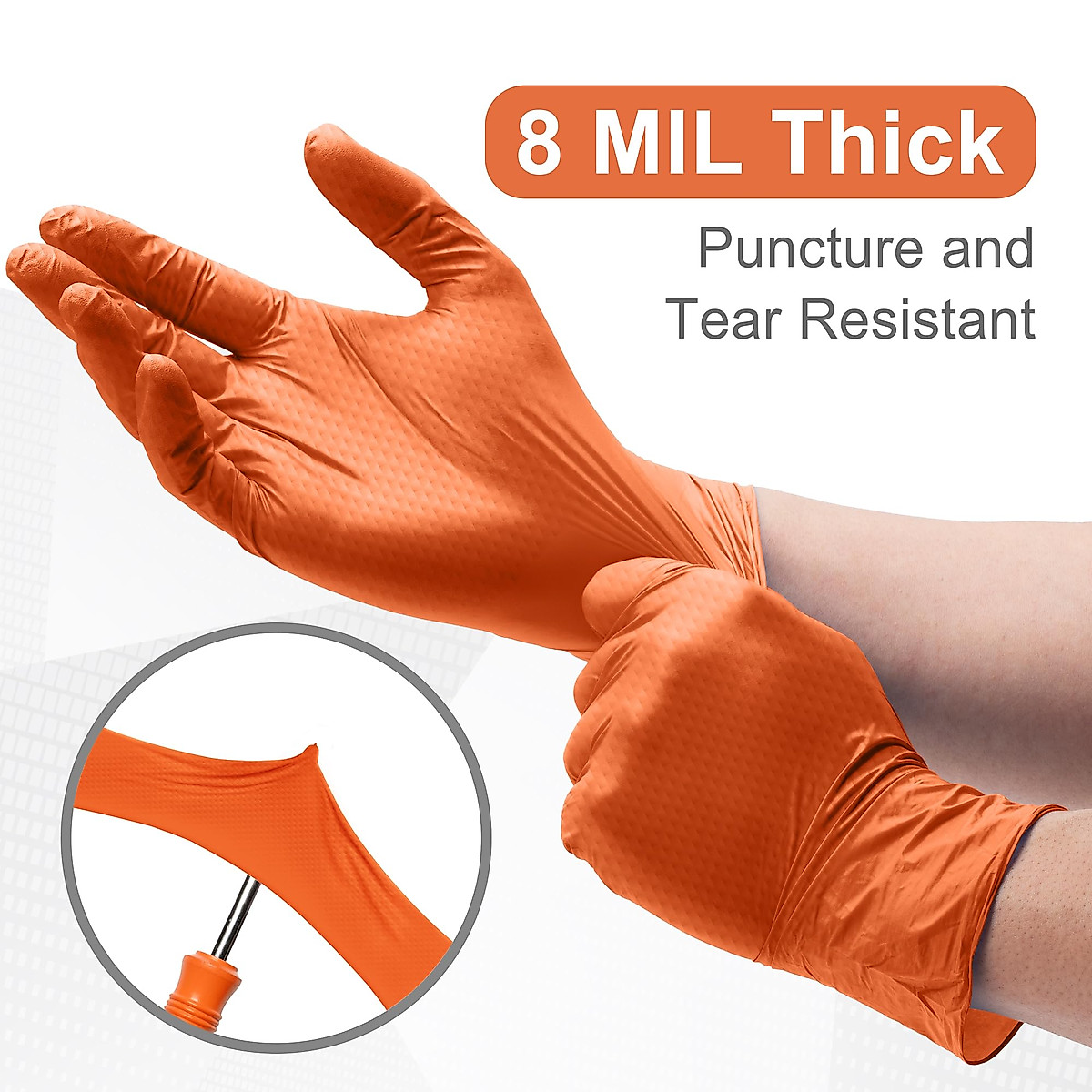 WECARE Orange 8 Mil Nitrile Gloves Medium 50 Pack - Heavy Duty Mechanic Gloves, with Diamond Grip - Powder and Latex Free Disposable Gloves