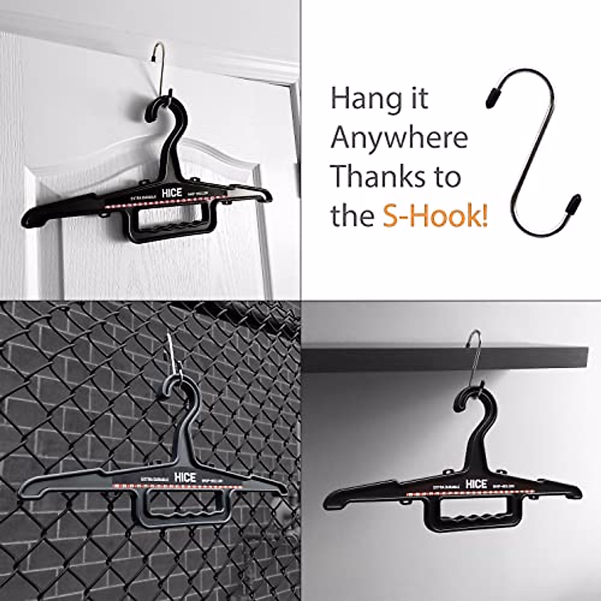 HICE Heavy Duty Hanger | Bundle of 2 | Clothes Hangers with s-Hooks | 150 lb Load Capacity | Durable High Impact Resin | Body Armor, Survival Equipment, Coats, Pants or Belts (Black and Navy Blue)