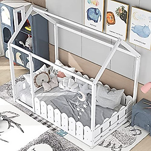 Merax Twin Size Wood House Bed Frame with Fence, White