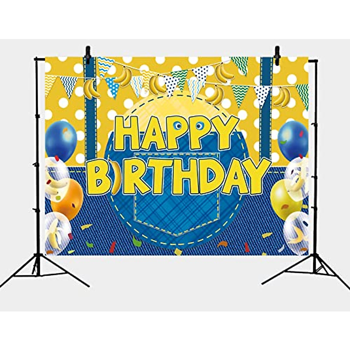 Yellow Happy Birthday Backdrop Cowboy Banana Balloon Flag Cartoon Birthday Photography Background Kids Baby Shower Boy Party Cake Table Decorations Banner Photo Props (6x4FT)