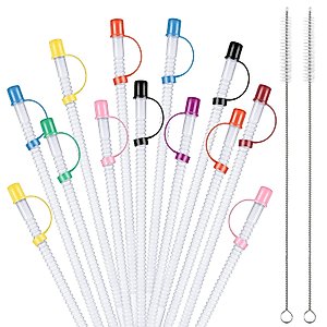 24 Pack Flexible Straws with Drinking Straw Caps Long Flexible Plastic Bendable Straws Flexible Reusable Straws with 2 Straw Cleaning Brushes for Jumbo Mugs Water Bottle (Assorted Colors, 11 Inch)