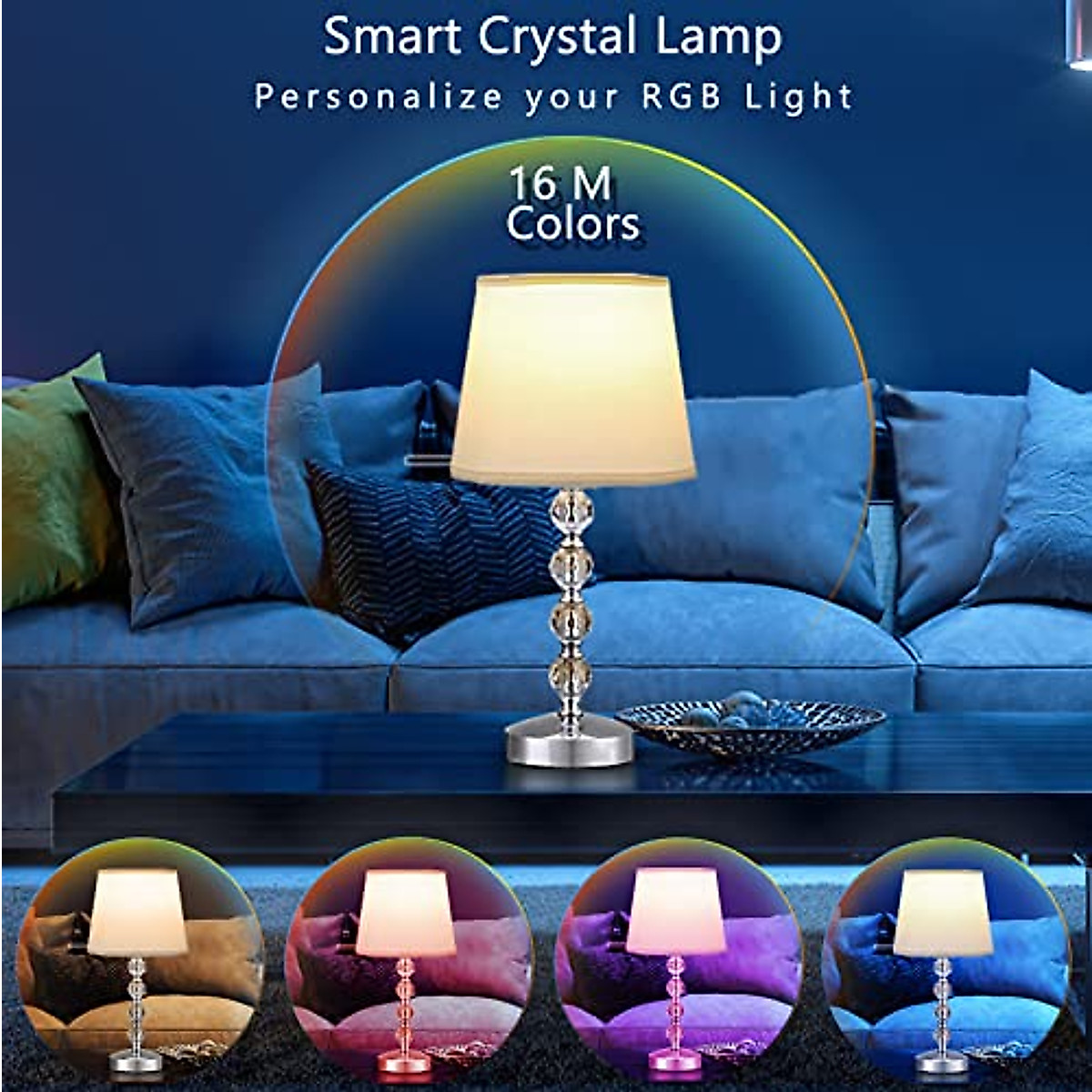 Unfusne Crystal Lamp with USB Port Set of 2 - Nightstand Lamp with Fabric Shade, Small Lamp Set of 2 for Living Room, Dorm, Home,Office