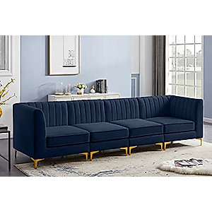 Meridian Furniture Alina Collection Velvet Upholstered Modular Sofa with Deep Channel Tufting, 119" Wide, Navy