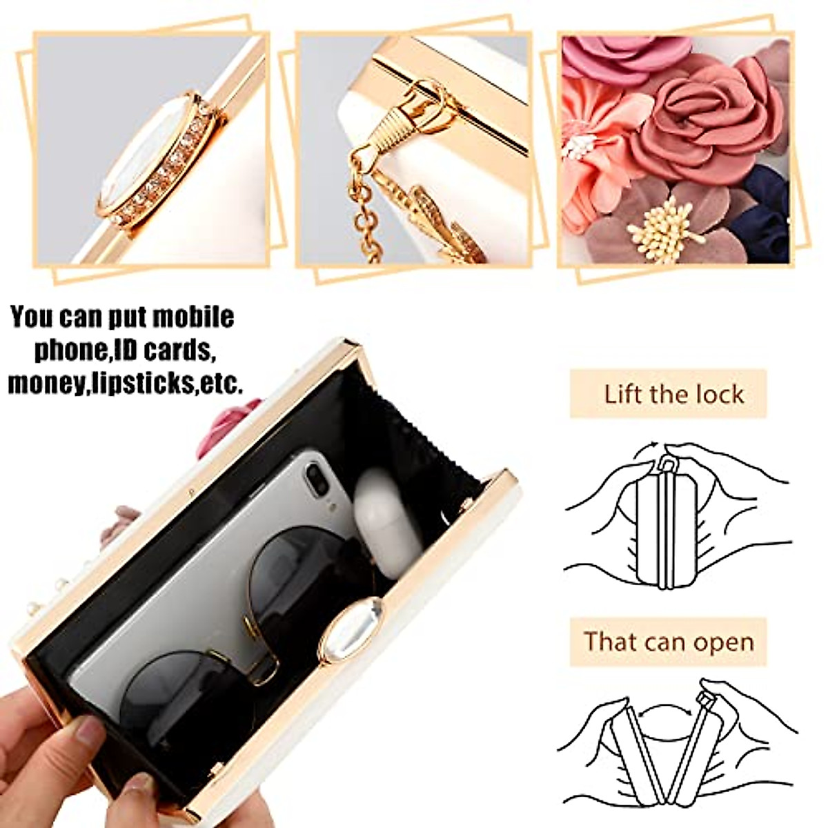 4 Pieces Flower Clutch Purse with Rose Flower Necklace Earrings Set for Women Girls Wedding Floral Evening Bags Bride Clutch Bridal Handbag for Party