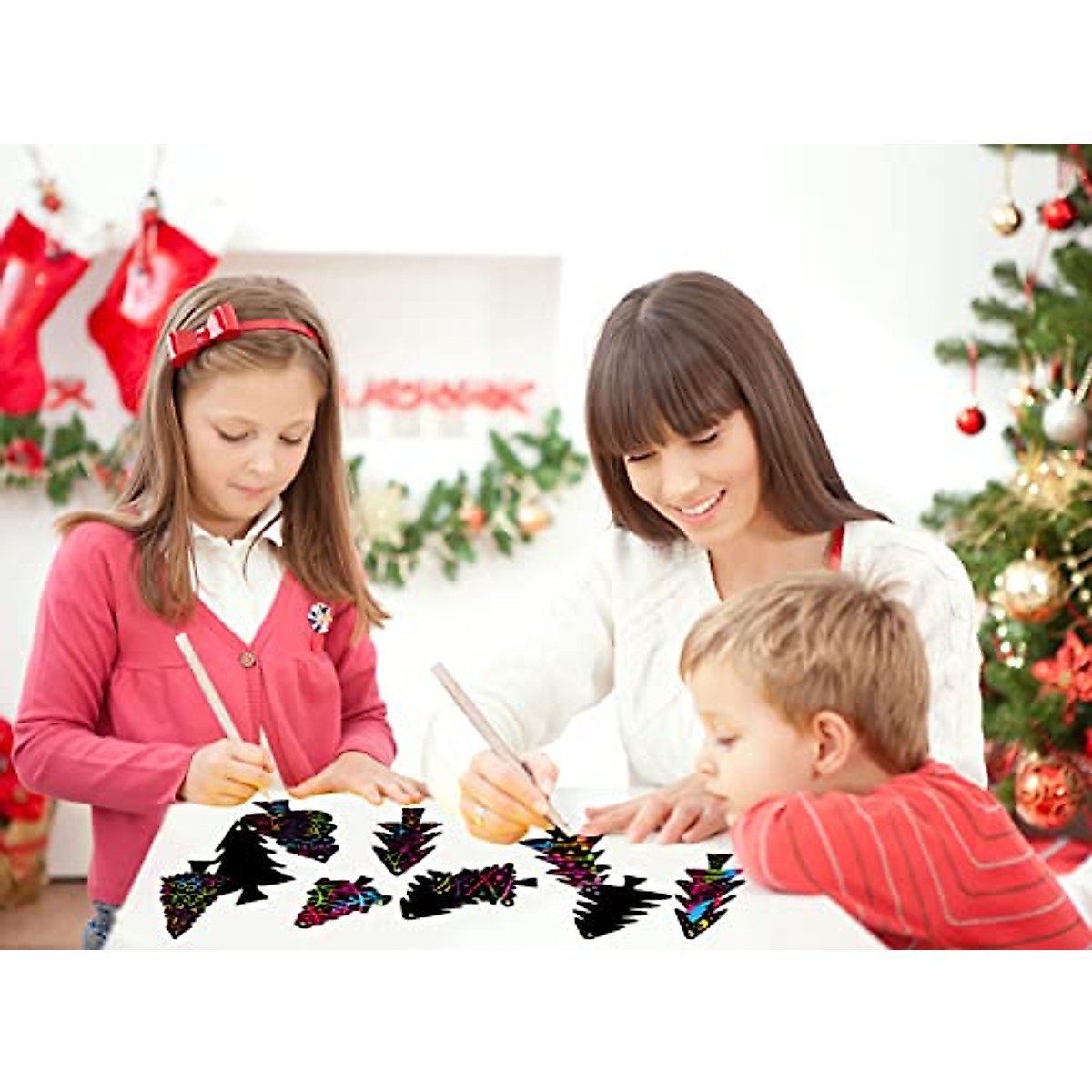 WhatSign Christmas Ornament Crafts for Kids 24Pcs Rainbow Christmas Scratch Cards DIY Christmas Scratch Art Paper Ornaments Craft Christmas Crafts for Kids Classroom Christmas Party Favors Decorations