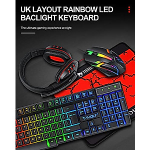 T-Wolf Gaming Combo TF800 Keyboard/Mouse/Headphone/Mouse Pad Wired LED RGB Backlight Bundle for PC Gamers Users - 4 in 1, Black