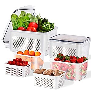 Fruit Storage Containers For Fridge Organizer Vegetable Fresh Food Keeper Produce Saver Refrigerator Reusable 4 Pack Box Multi-Size Large Capacity with Lid & Colander for Home Kicthen Travel Set