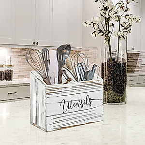 Wood Utensil Caddy for Kitchen Countertop, Utensil Holder with 2 Compartments, Wood utensil Crock for Kitchen Counter, Kitchen Utensil Organizer for Countertop, Rustic White
