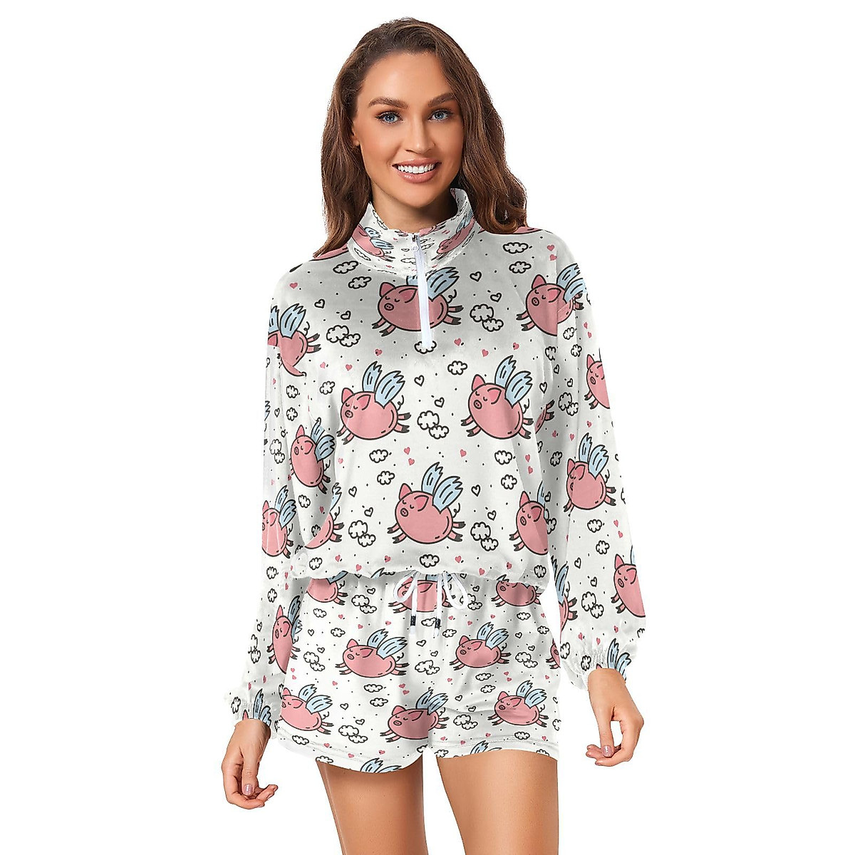 Kigai Pink Fly Pig Jogging Suits for Women Lounge Cozy Long Sleeve Half Zip Lapel Collar Sweatsuit Set,XL