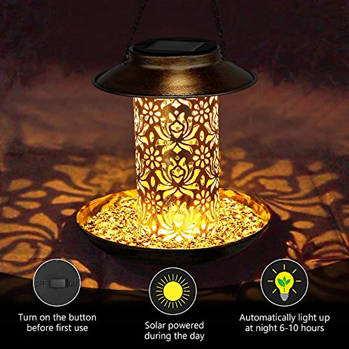 Enhon 2 Pack Solar Bird Feeder for Outdoors Hanging, Metal Wild Bird Feeder for Cardinals, Weather Resistance Solar Backyard Garden Lantern Light Decoration with S Hook as Gift Ideas for Bird Lovers
